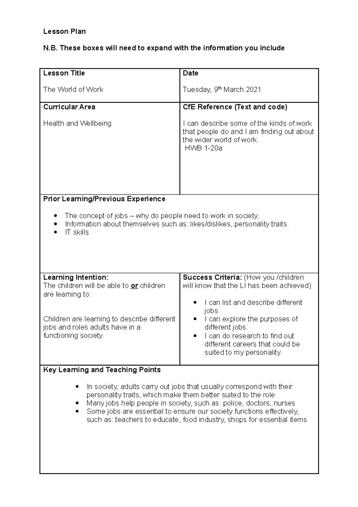Health and Wellbeing Lesson - X9281 - Strath - Studocu