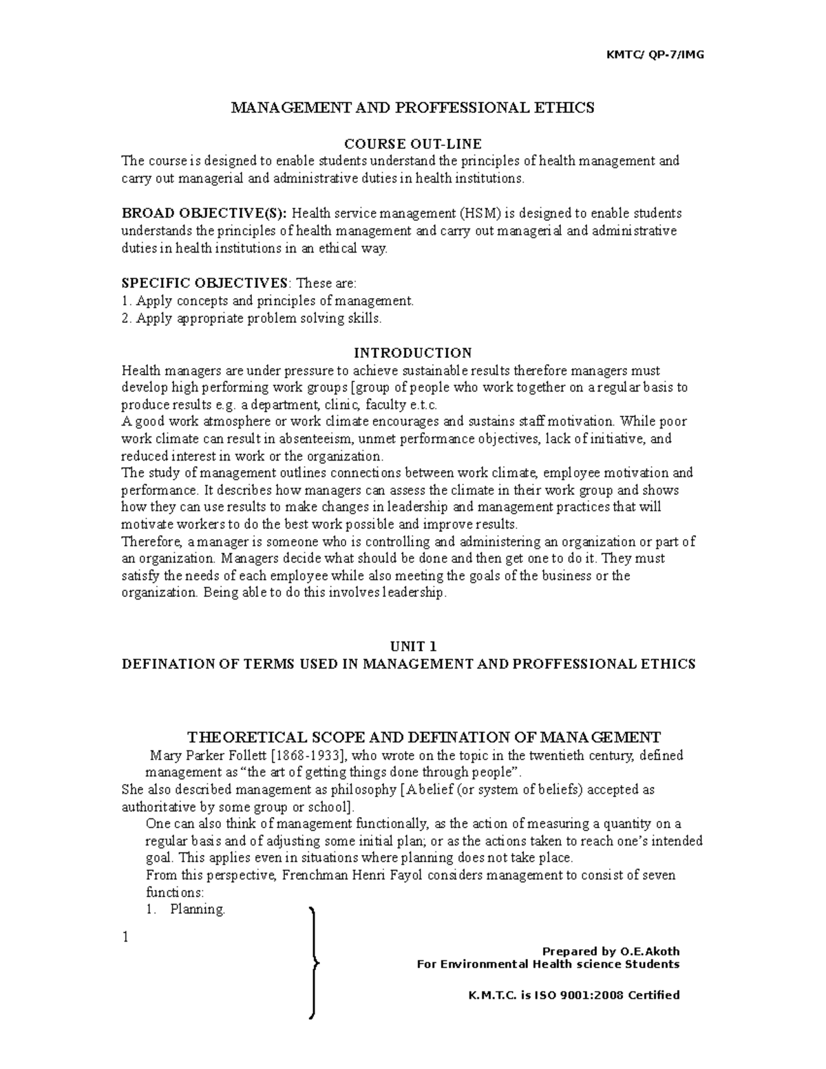 Management-2-1 - Read notes - MANAGEMENT AND PROFFESSIONAL ETHICS ...