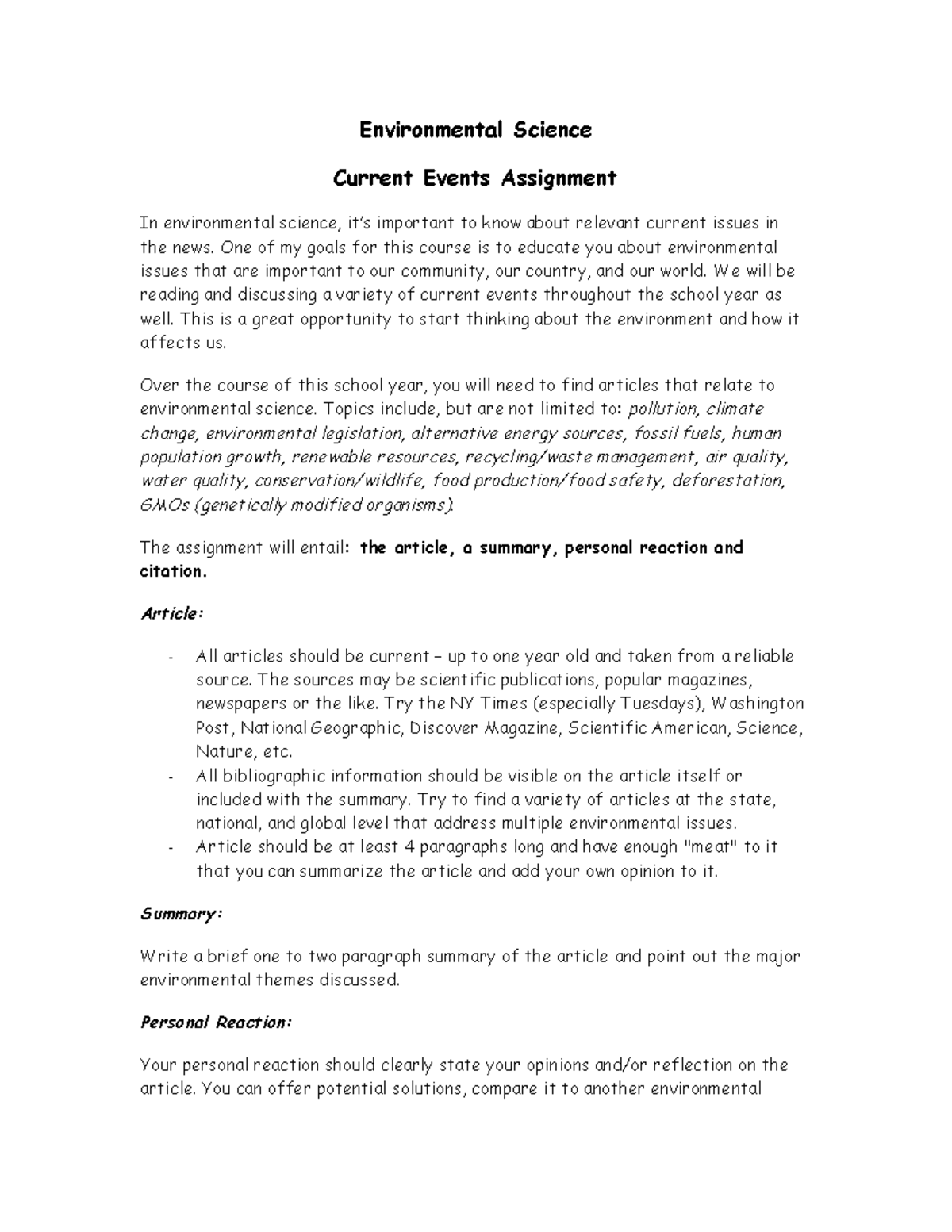 Environmental Science - Environmental Science Current Events Assignment ...