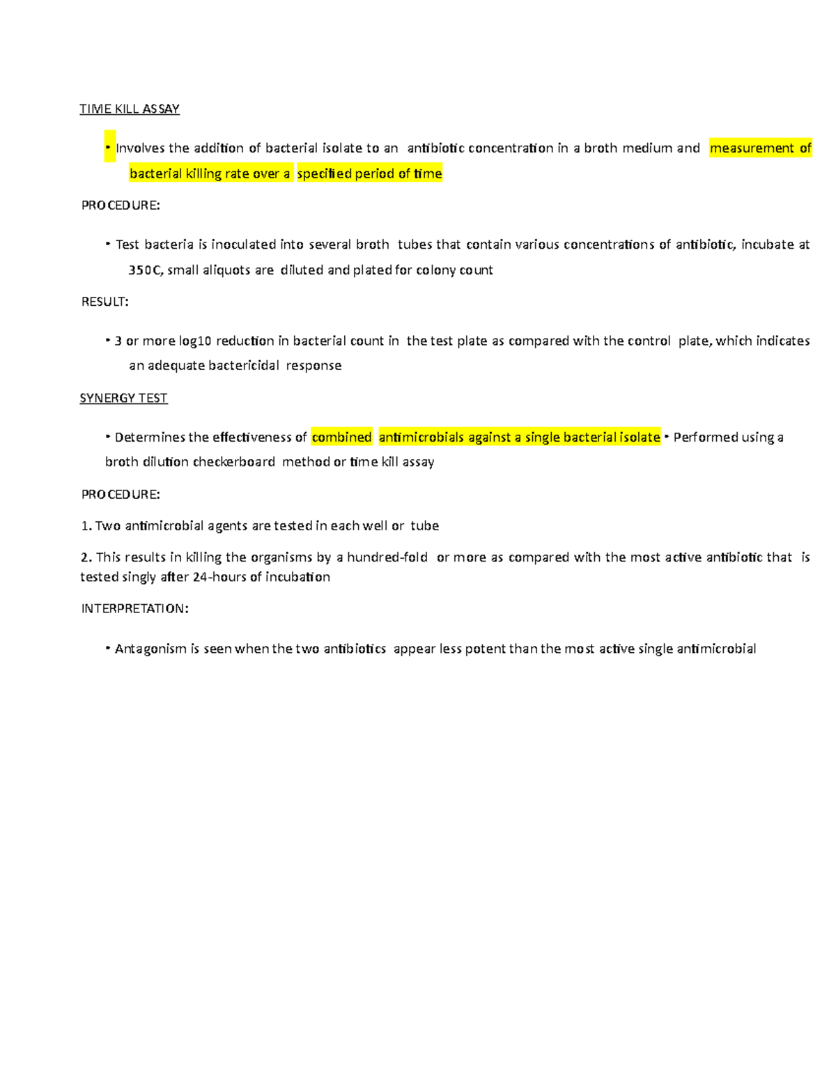 Synergy TEST and TIME KILL Assay - TIME KILL ASSAY Involves the ...