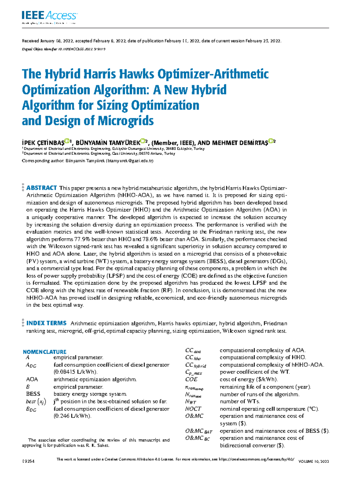 The Hybrid Harris Hawks Optimizer Arithmetic Optimization Algorithm A