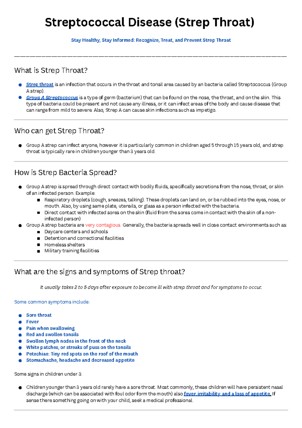 Streptococcal Disease (Strep Throat) - Some common symptoms include ...