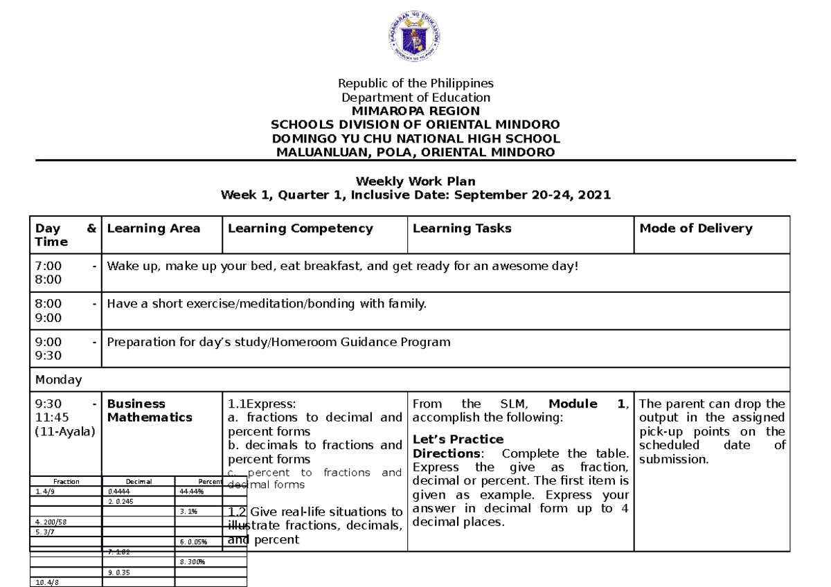 WWP- week 1 - weekly work plan - Republic of the Philippines Department ...
