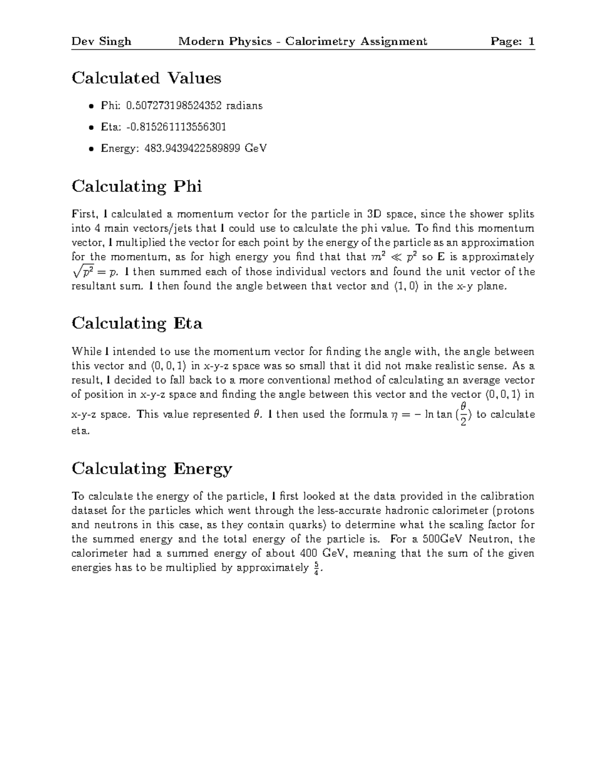 Mod Phys Calorimetry Writeup - Calculated Values Phi: 0 radians Eta: -0 ...