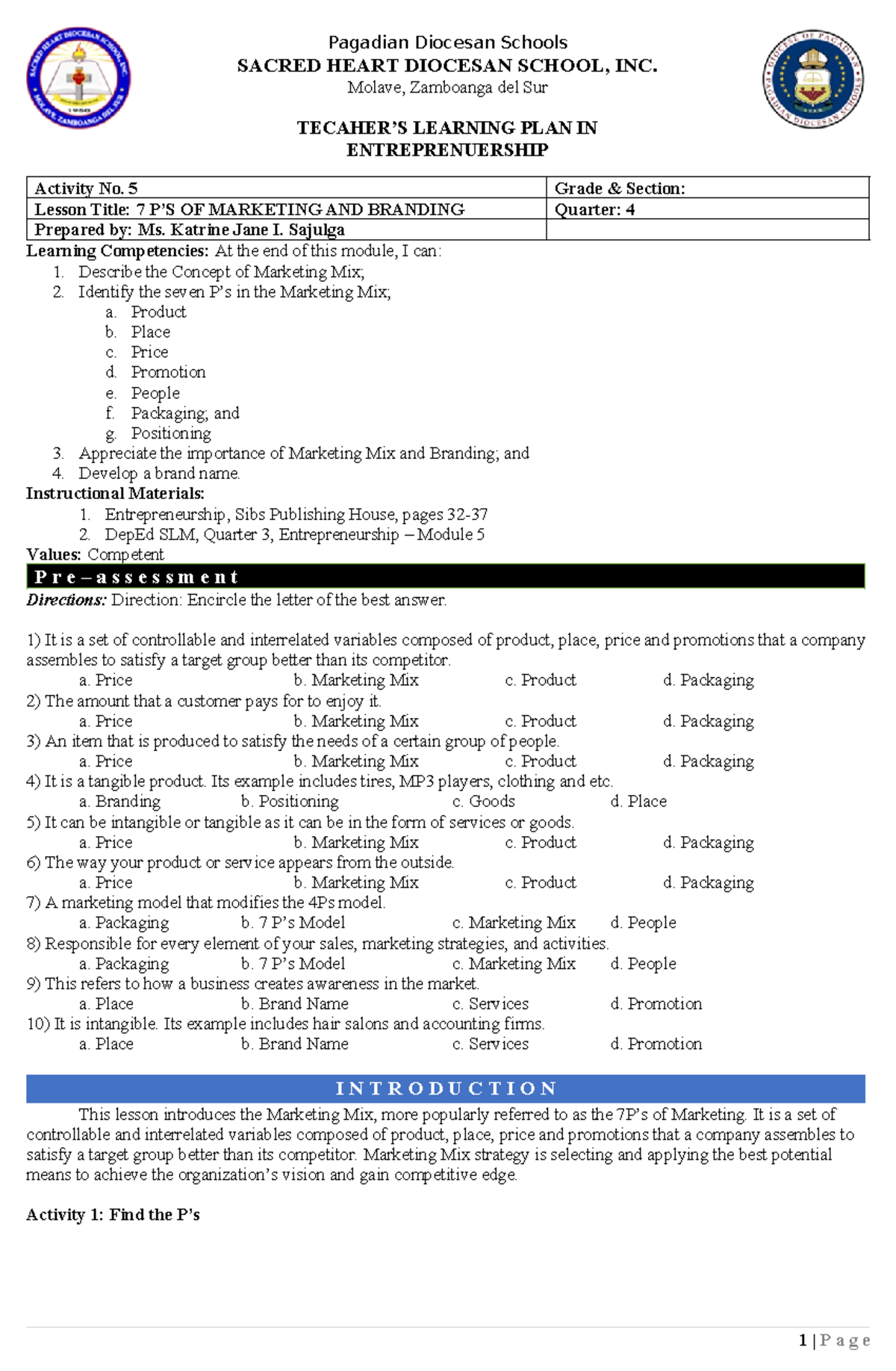 Business Plan in Entreprenuership - Activity No. 5 Grade & Section ...