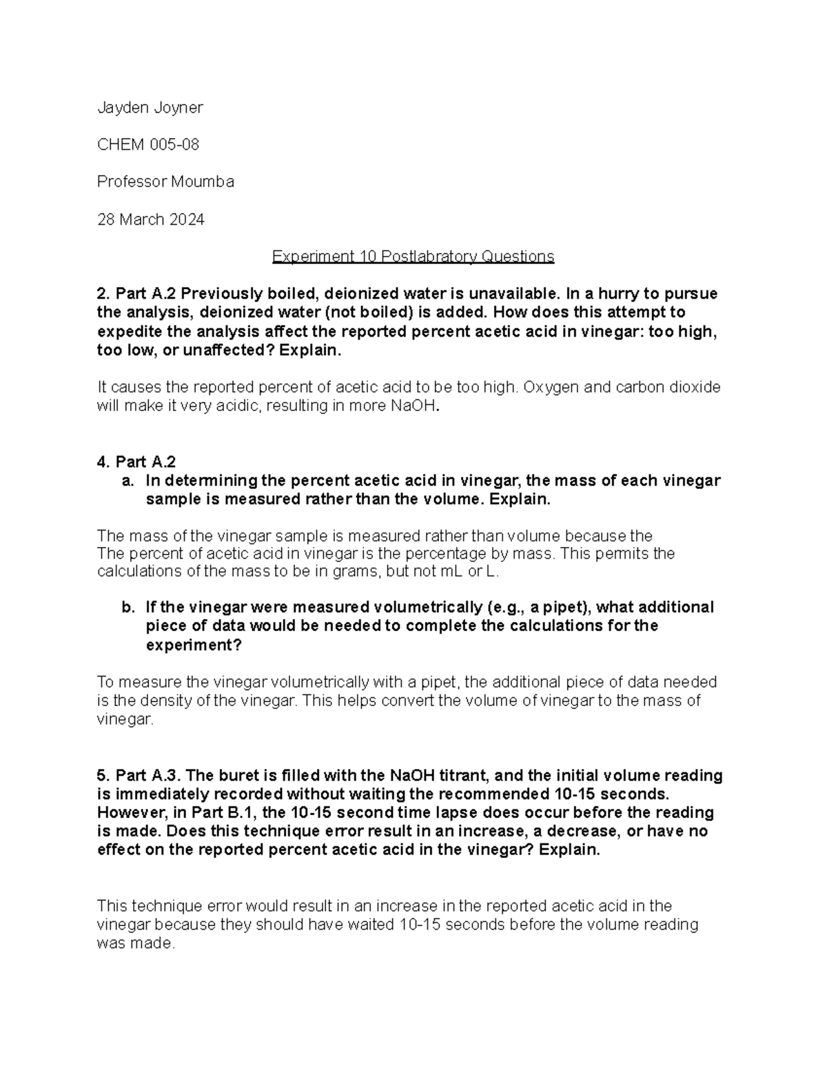 Experiment 10 Postlabratory Questions - Jayden Joyner CHEM 005 ...