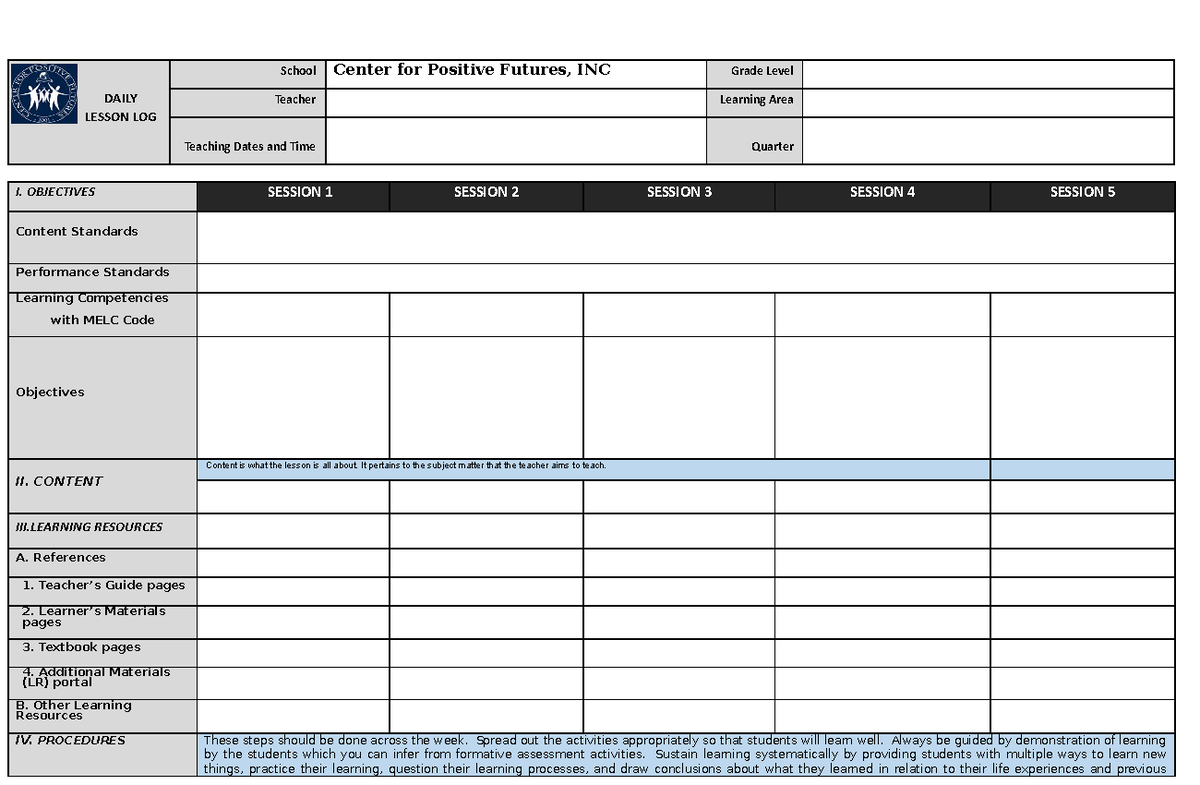 DLL- Template-cpf - education - DAILY LESSON LOG School Center for ...