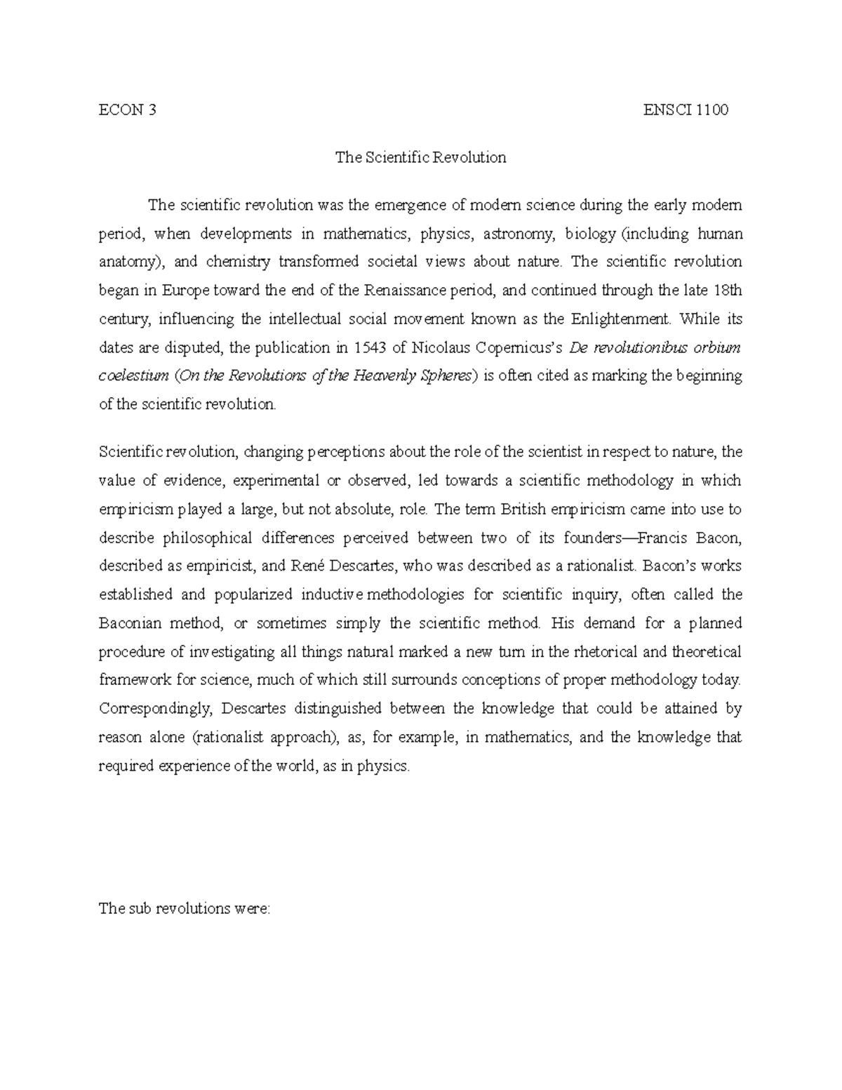 3. Learning Task 3.1 The Scientific Revolution - ECON 3 ENSCI 1100 The ...