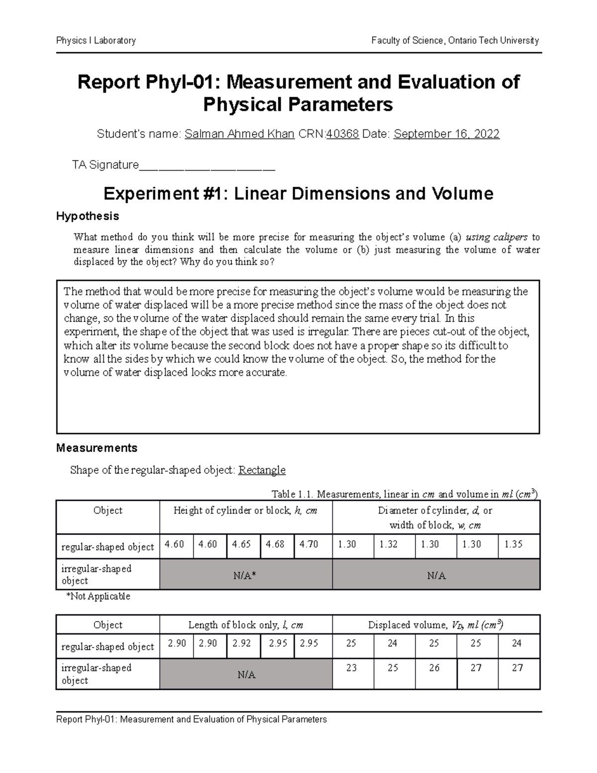 Measurements Report LAB Physics - Report PhyI-01: Measurement and ...