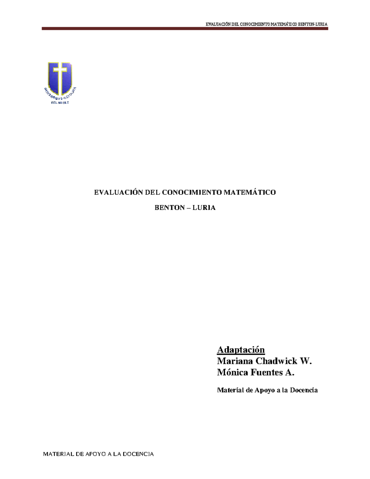 Benton- Luria - Evaluación para diagnóstico - EVALUACIÓN DEL CONOCIMIENTO MATEMÁTICO BENTON ...