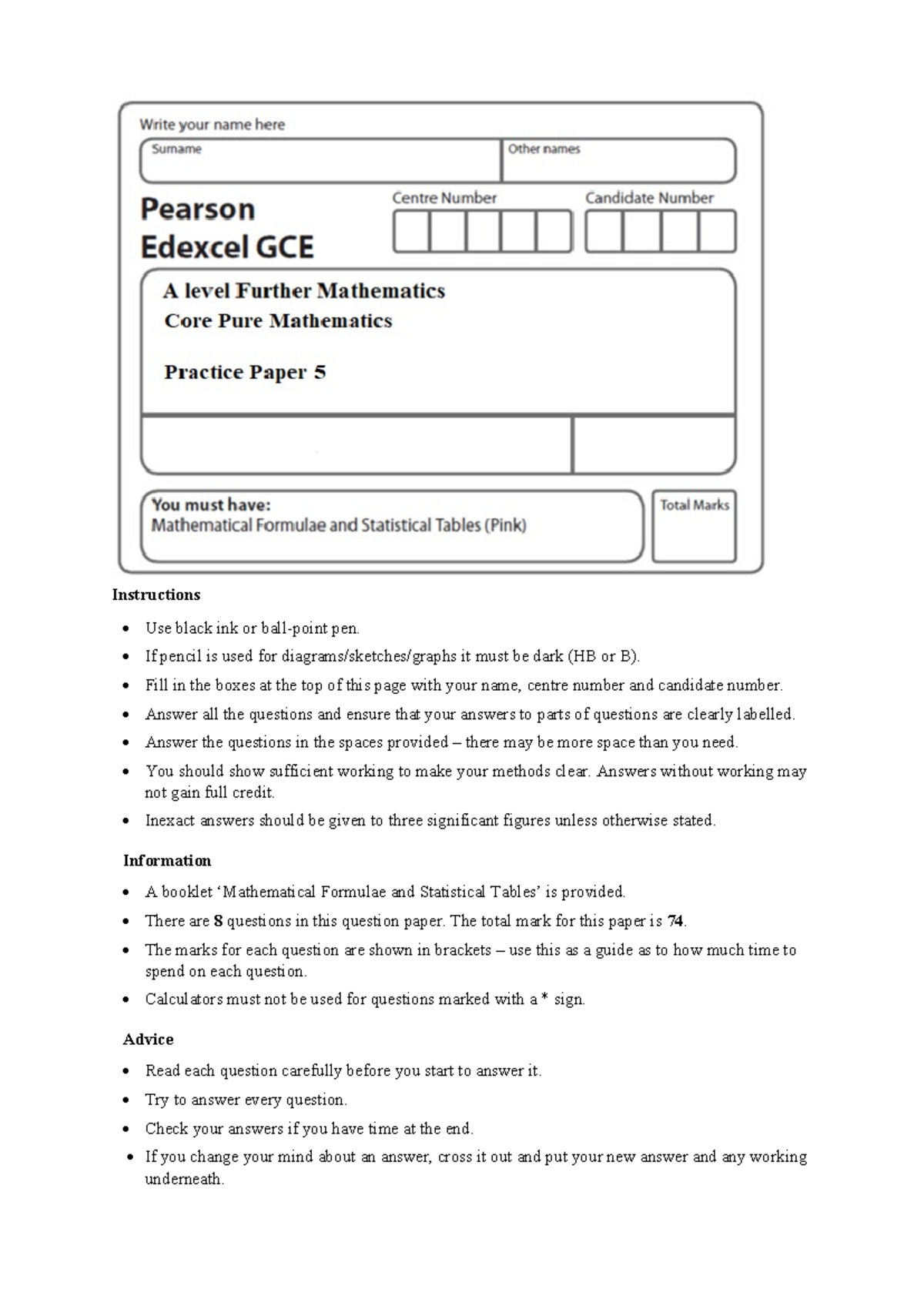 Core Pure Practice Paper 5 - for students - Instructions Use black ink ...