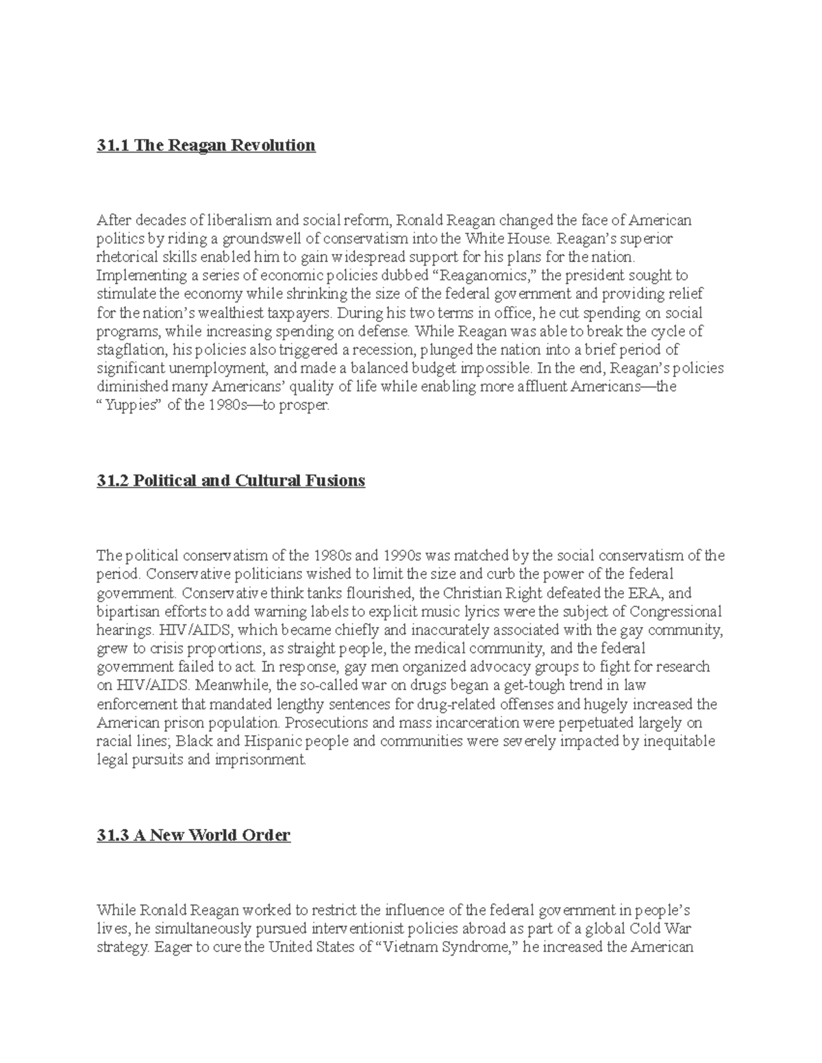 US History Chapter 31 Summary - 31 The Reagan Revolution After decades ...