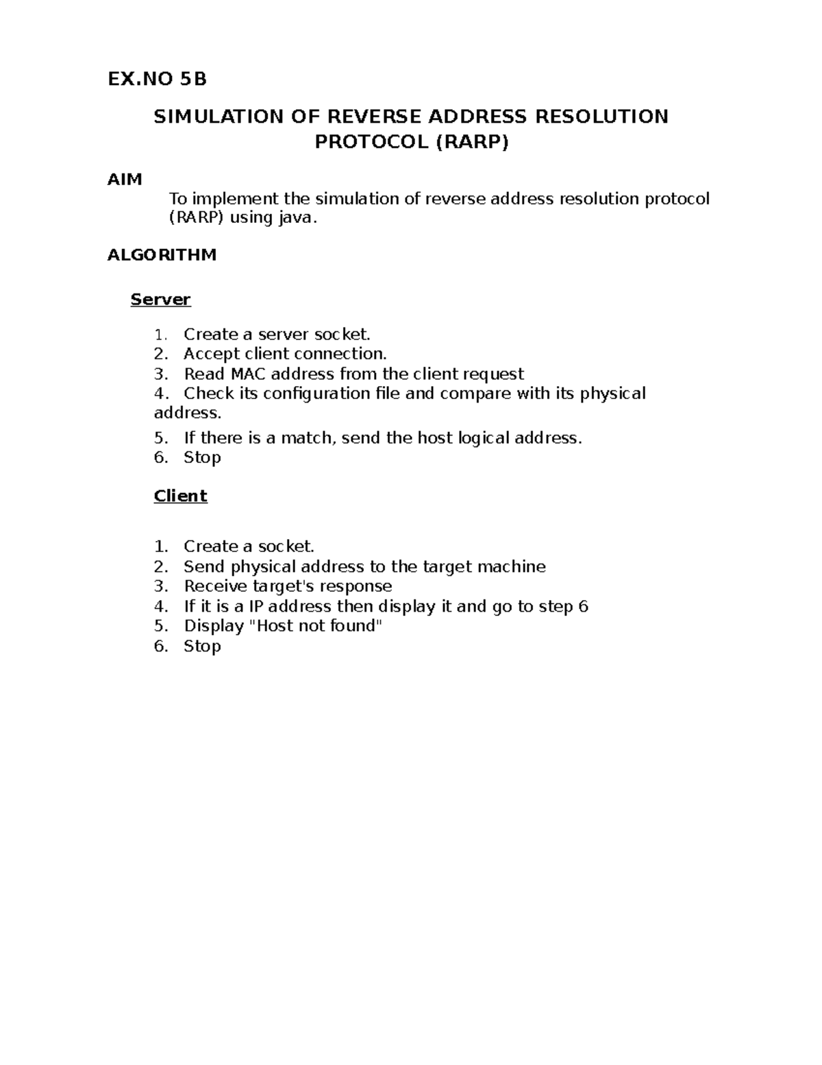 5b Simulation Of Rarp Protocol Ex 5b Simulation Of Reverse Address
