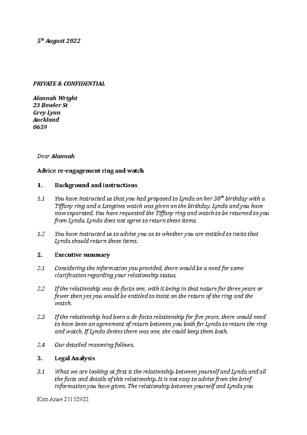 Assessment 3 LRW - 5 th August 2022 PRIVATE & CONFIDENTIAL Alannah ...