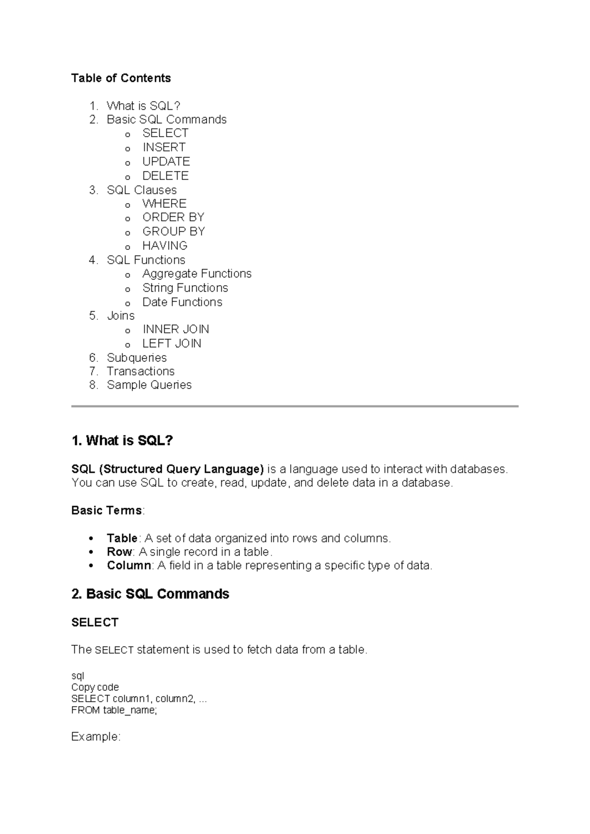 Table of Contents oracle - Table of Contents 1. What is SQL? 2. Basic SQL Commands o SELECT o ...