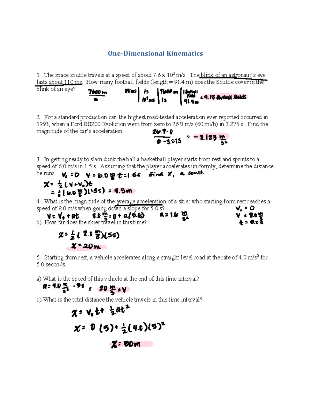 Phys I PS 2 One-Dimensional Kinematics - One-Dimensional Kinematics The ...