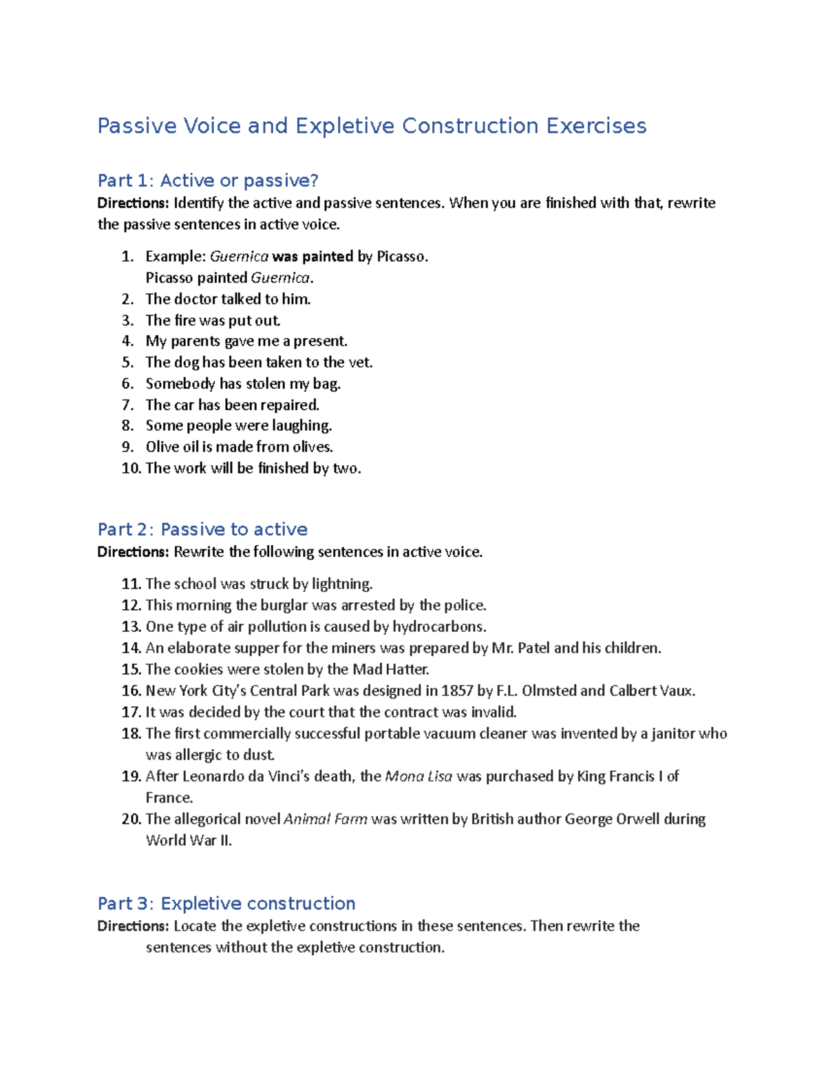 Passive Voice and Expletive Construction Exercises(1)(1) - When you are ...