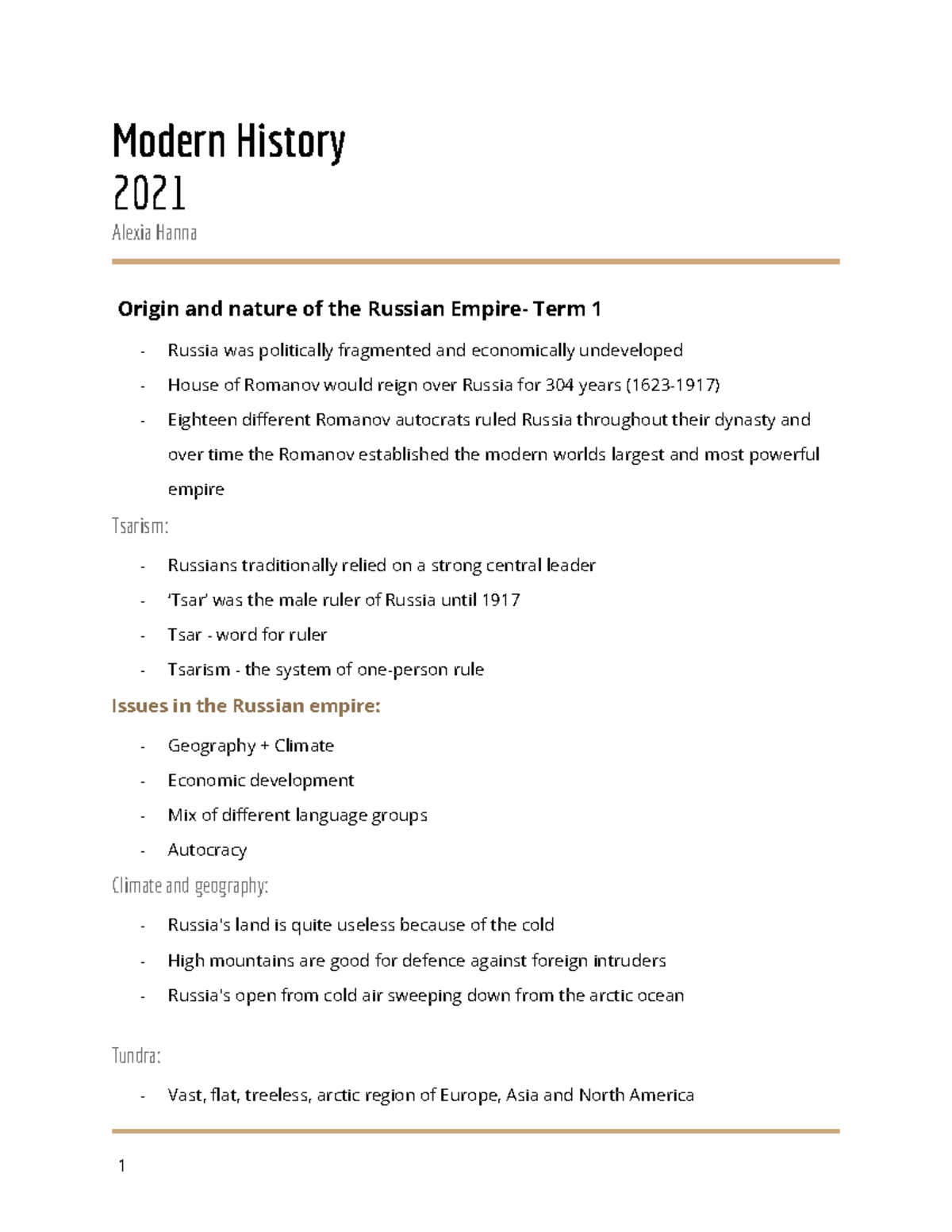 Modern History - Modern History 2021 Alexia Hanna Origin and nature of ...