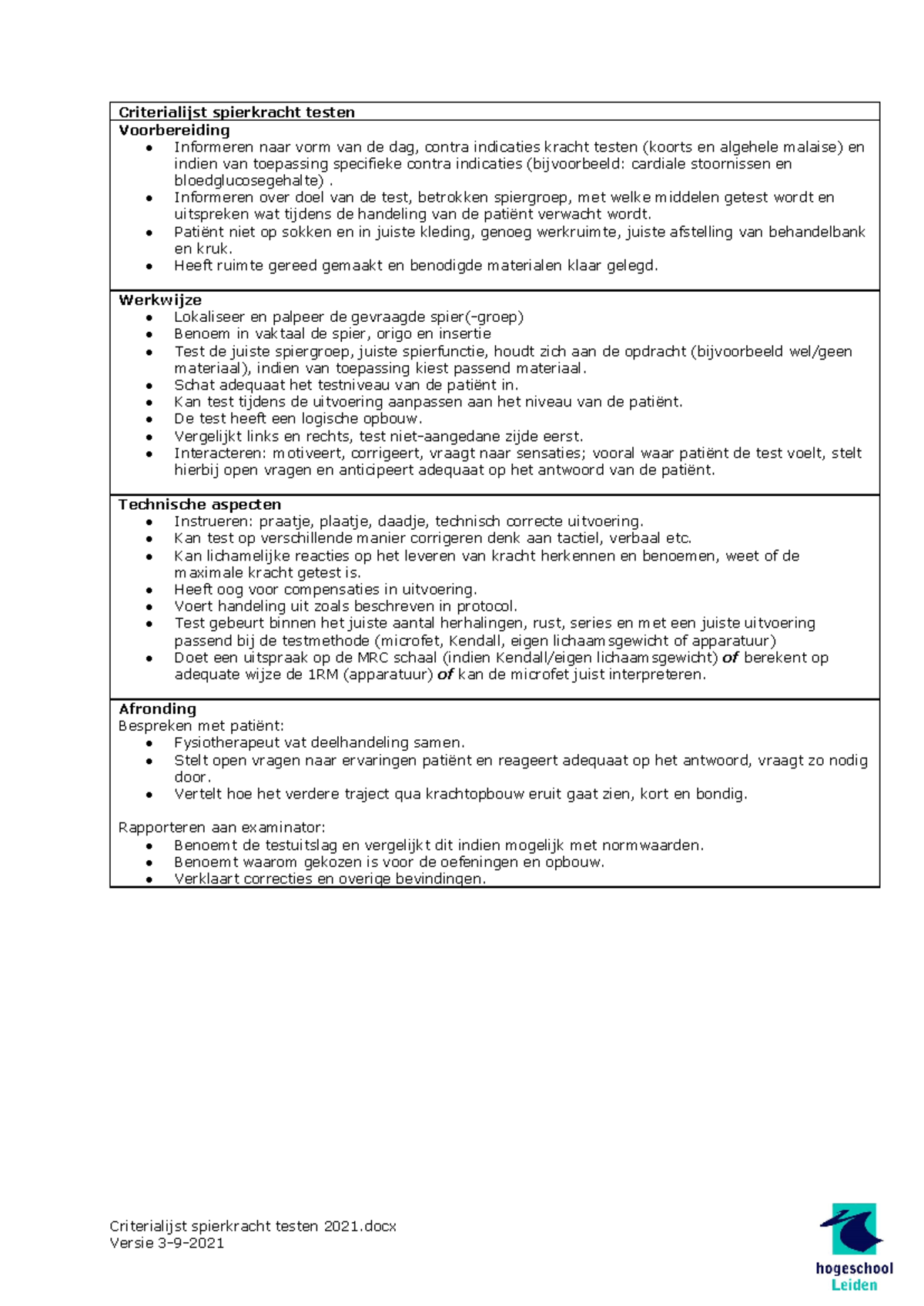 Criterialijst spierkracht testen 2021 - Informeren over doel van de ...