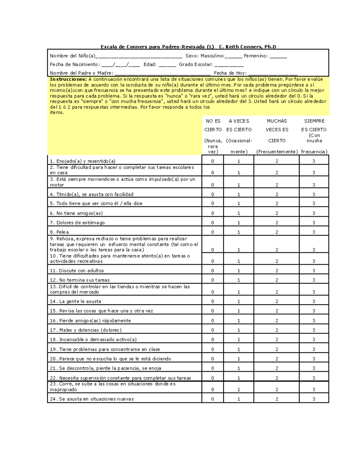 Escala de Conners para Padres-Revisada (L) C. Keith Conners, Ph.D ...
