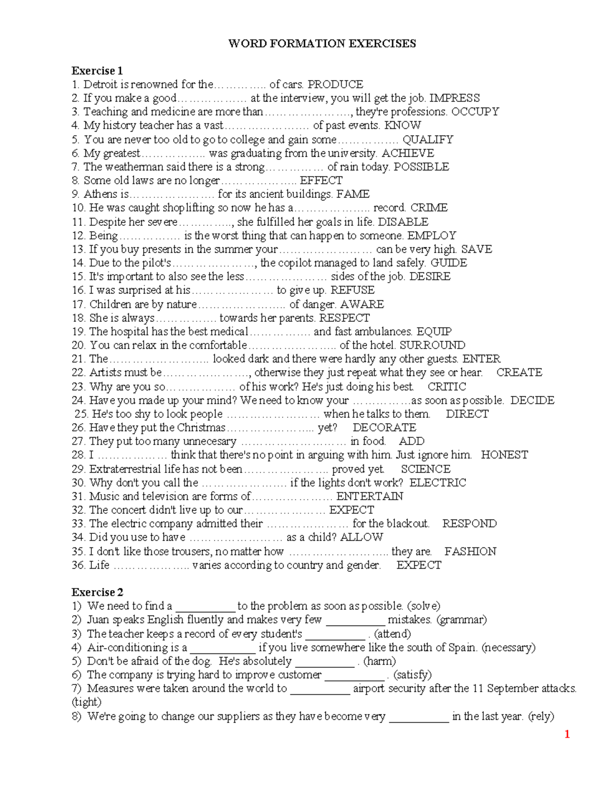 B2 word formation - WORD FORMATION EXERCISES Exercise 1 Detroit is ...