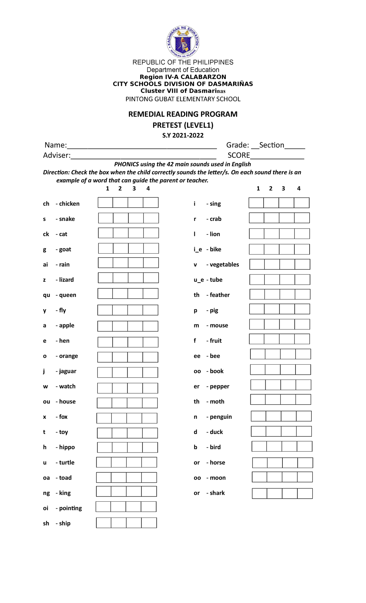 Pretest Example for level1 elementary pupils - REPUBLIC OF THE ...