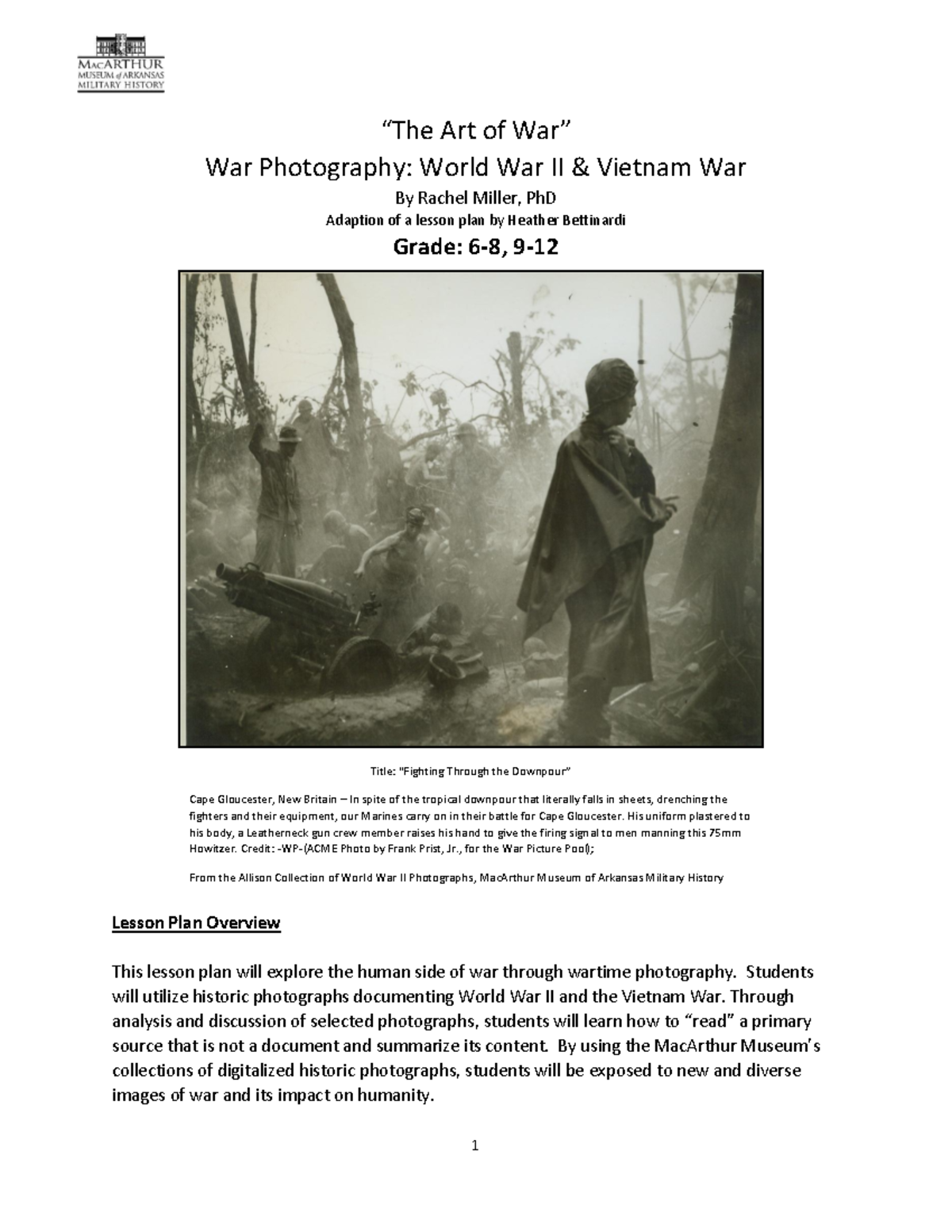 The Art of War 6-8, 9-12 Lesson Plan -Photography