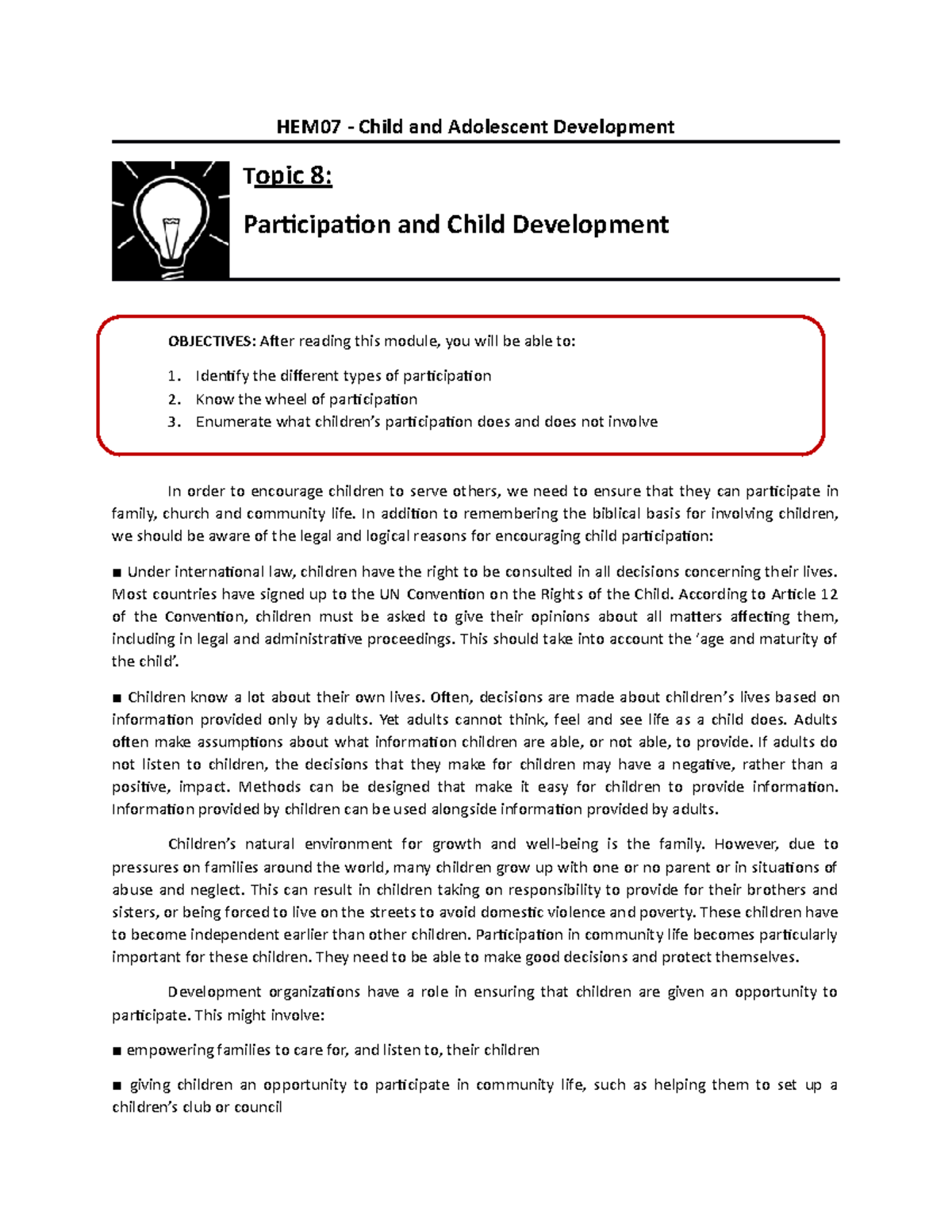 Topic 8-Participation and Child Development - Copy - HEM07 - Child and ...