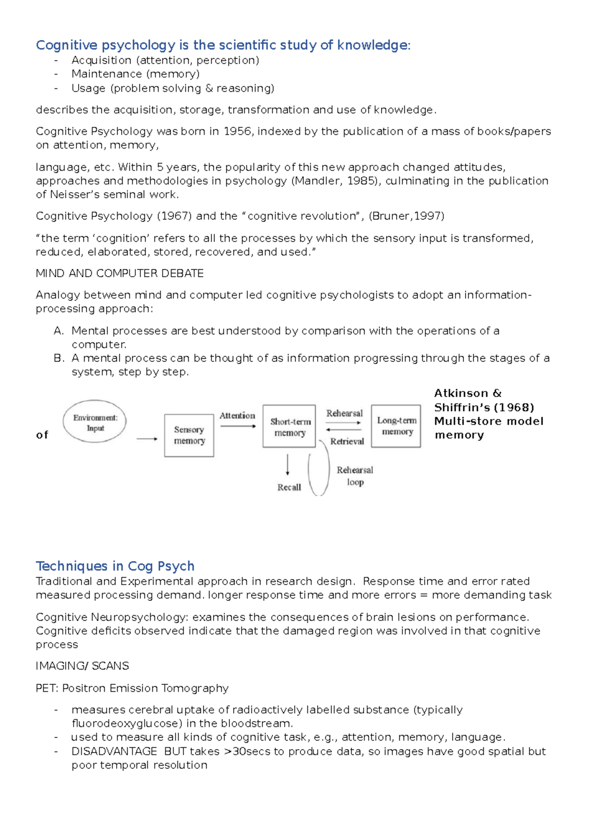 Cognition notes - 2023 week 1- 9 - Cognitive psychology is the ...
