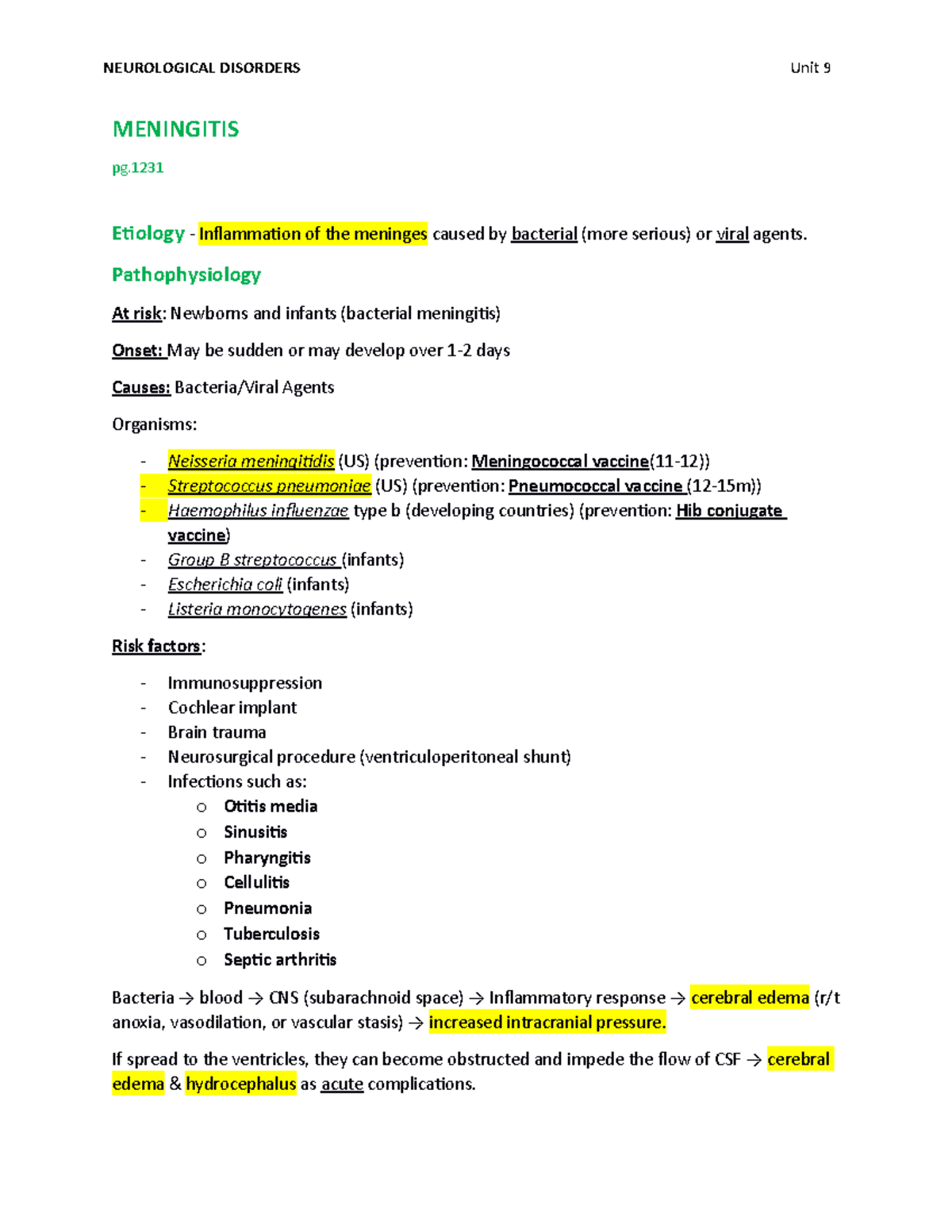 Neuro Disorders - MENINGITIS pg. Etiology - Inflammation of the ...