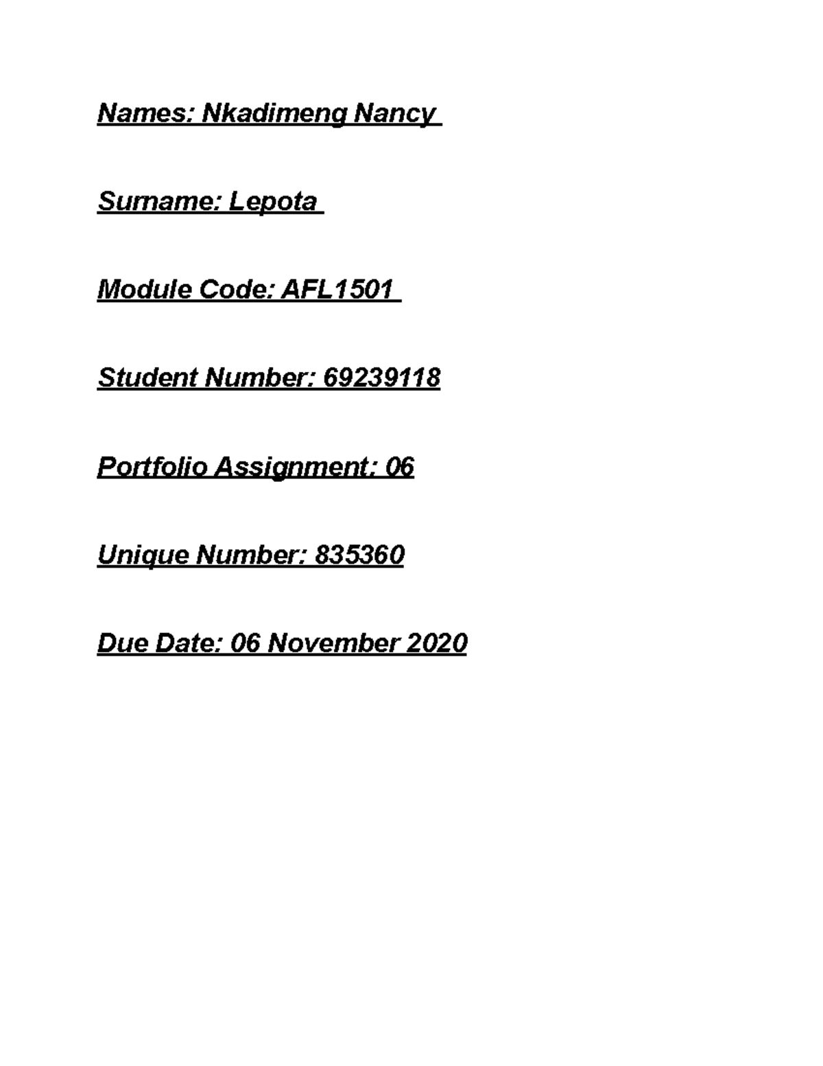 MRL 3702 ASSIGNMENT ONE - Names: Nkadimeng Nancy Surname: Lepota Module Code: AFL Student Number ...