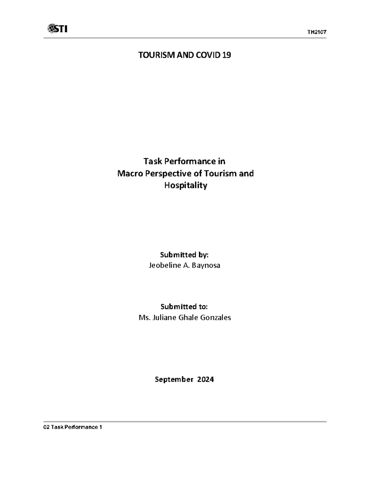 02 Task Performance 1 - Macro - TH 02 Task Performance 1 TOURISM AND ...