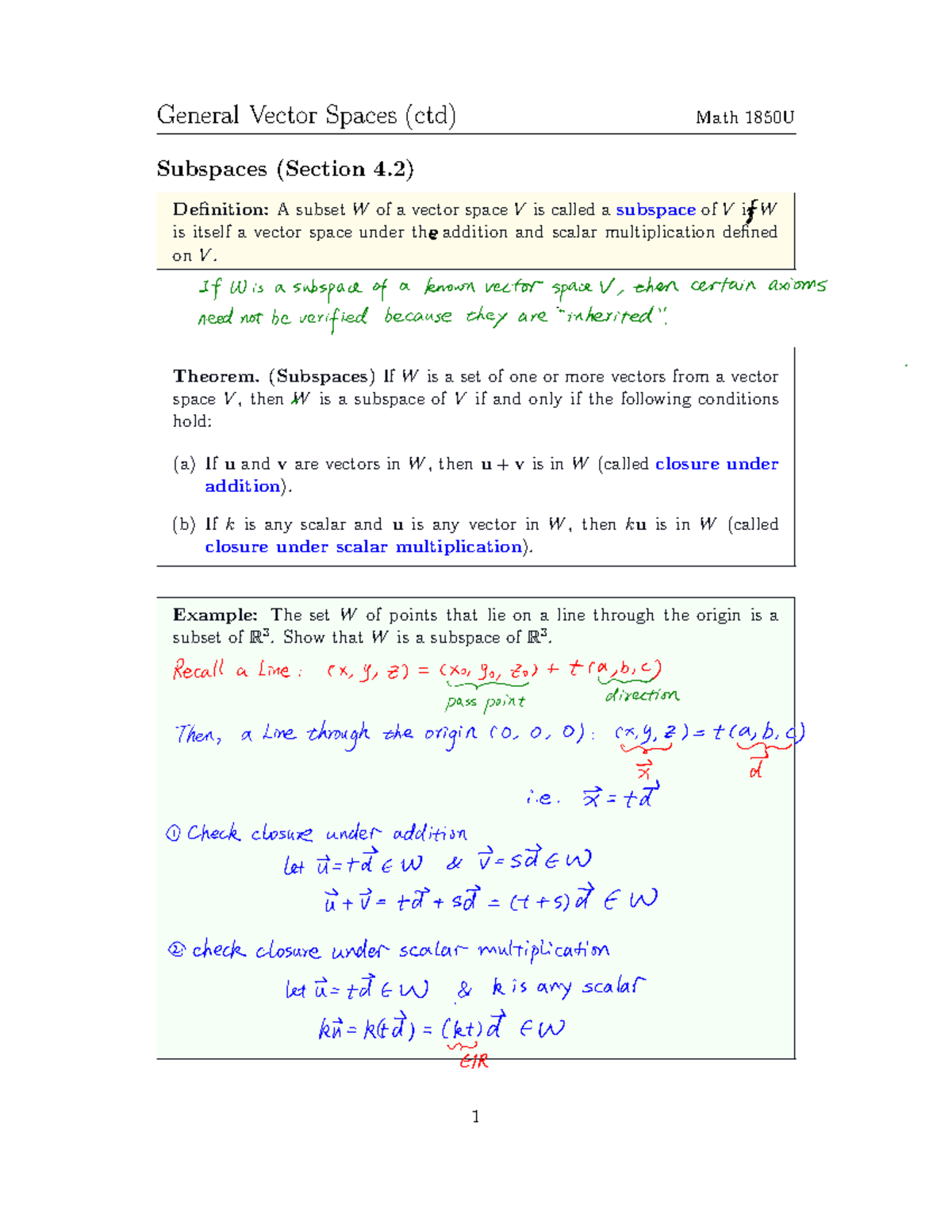 Lecture 11-posted - General Vector Spaces (ctd) Math 1850U Subspaces ...
