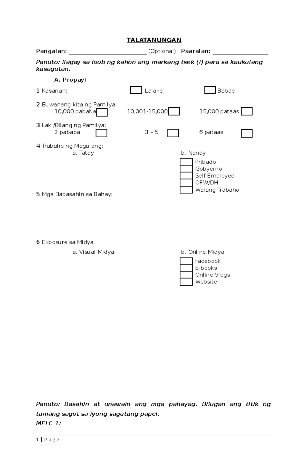 Talatanungan - materials - TALATANUNGAN Pangalan ...