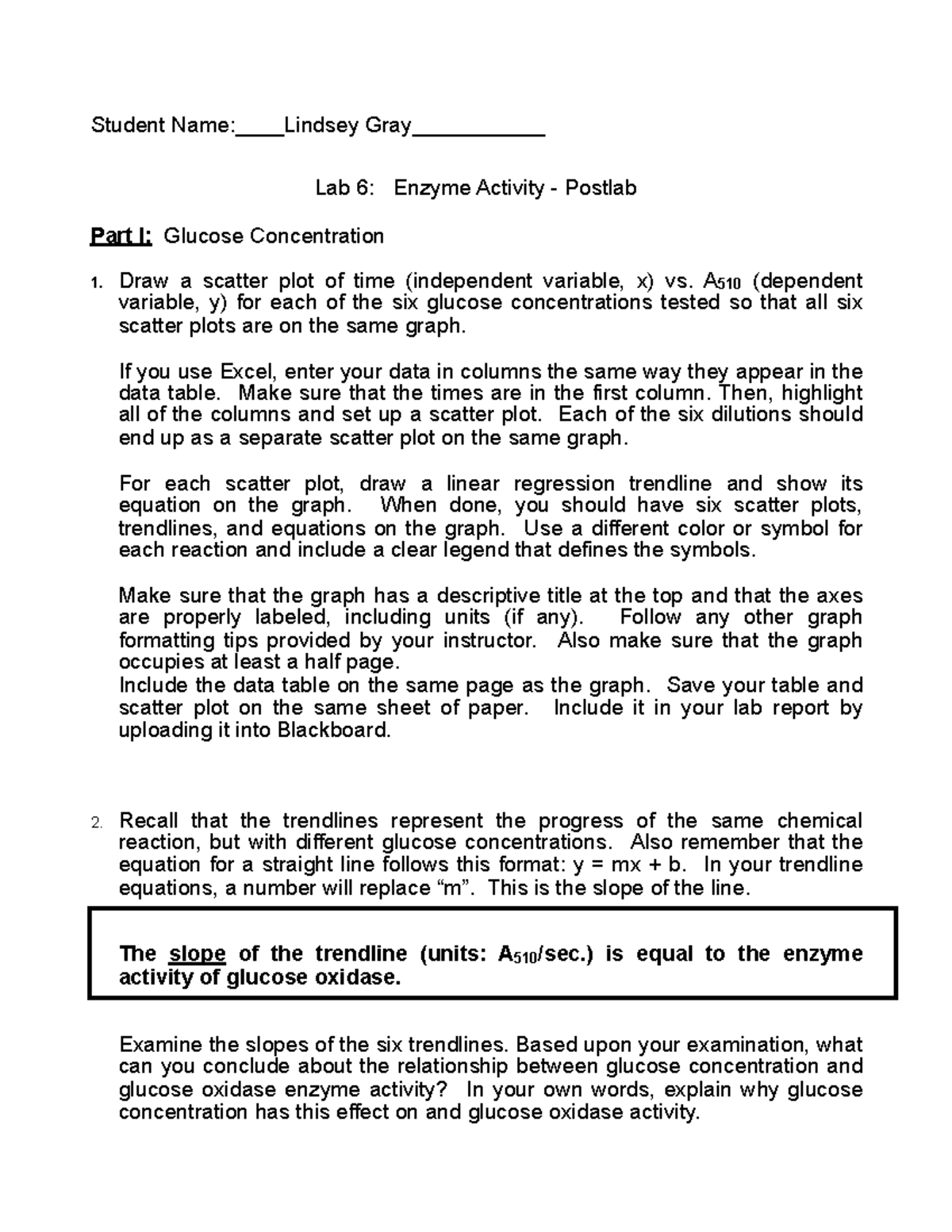 BIOL 1406 Post LAB 6 Fall 2021 2 - Student Name:Lindsey Gray_______ Lab 6: Enzyme Activity ...