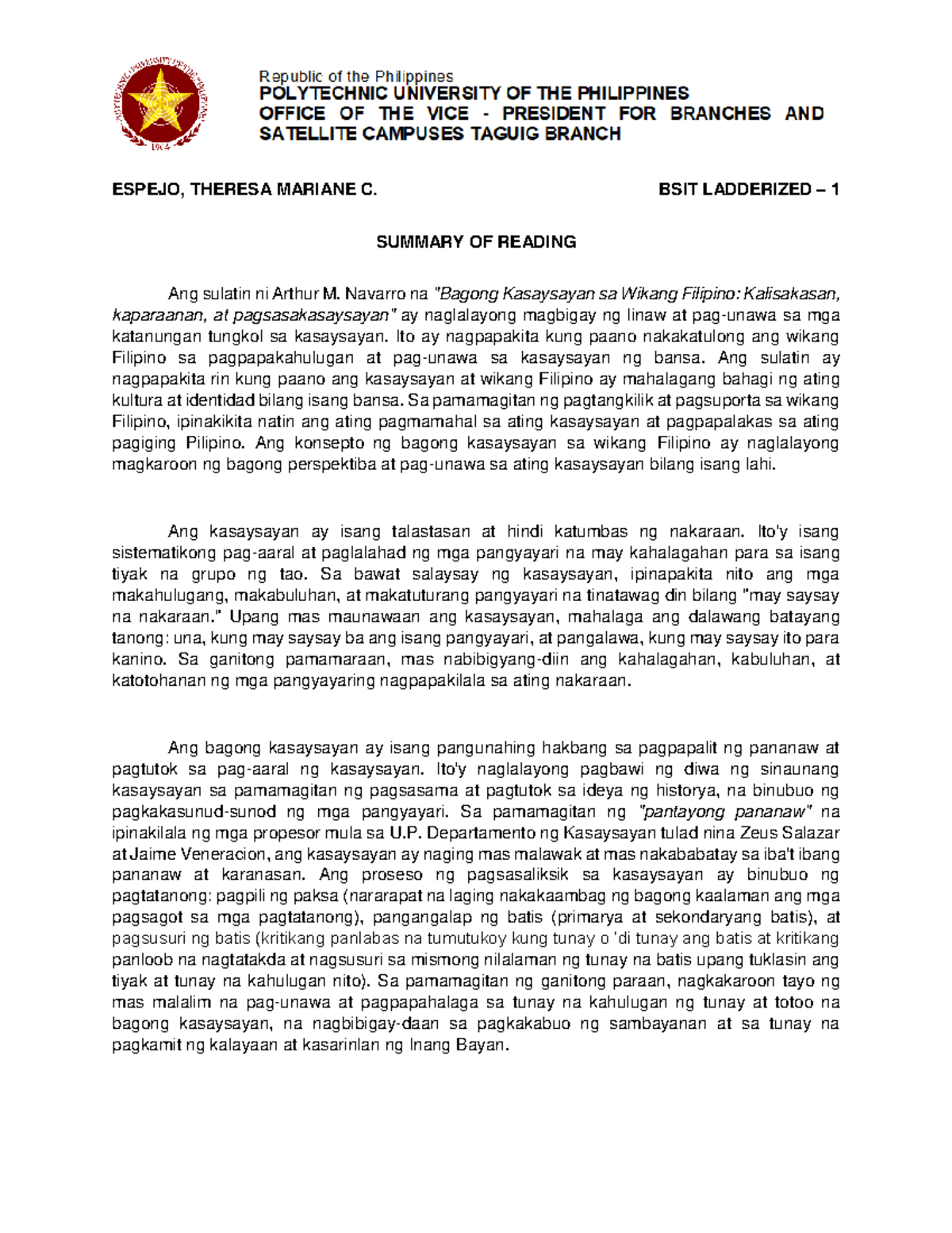 Summary of Reading about Bagong Kasaysaysan sa Wikang Filipino - ESPEJO ...