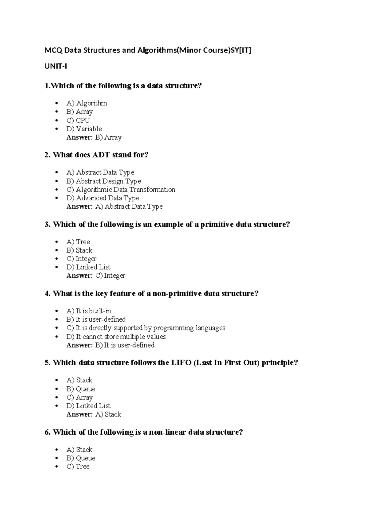 MCQ Data Structures and Algorithms - What does ADT stand for? A) Abstract Data Type B) Abstract ...