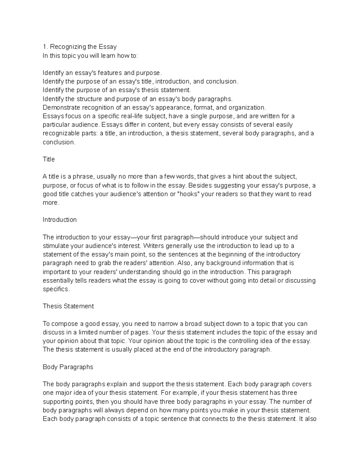 ESW100 lecture notes 4 - Recognizing the Essay In this topic you will ...