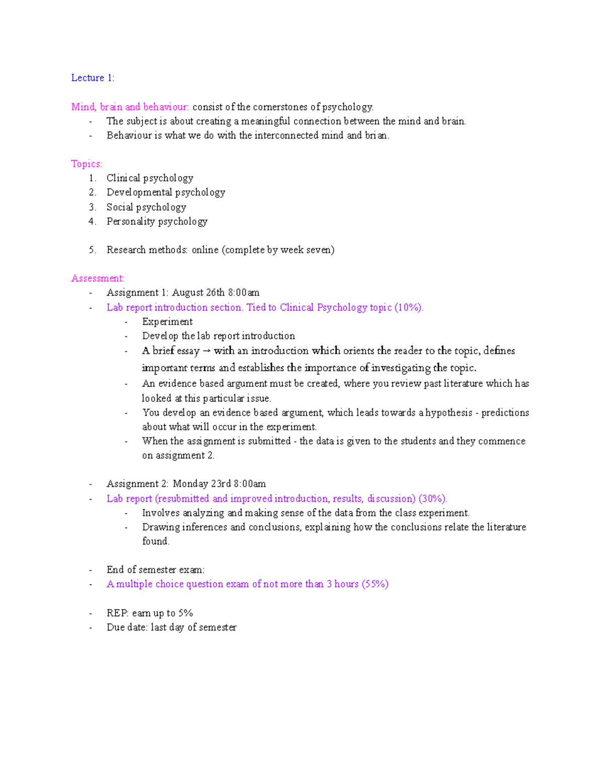 Mind, Brain and Behaviour 2 LN - Lecture 1: Mind, brain and behaviour: consist of the ...