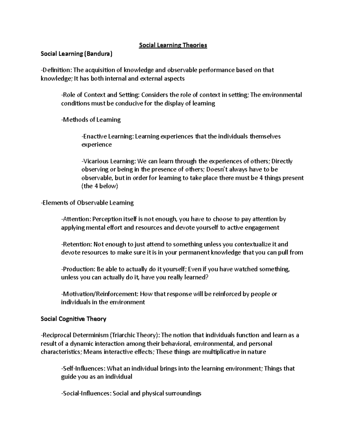 Social Learning Theories Notes - Social Learning (Bandura) Social ...