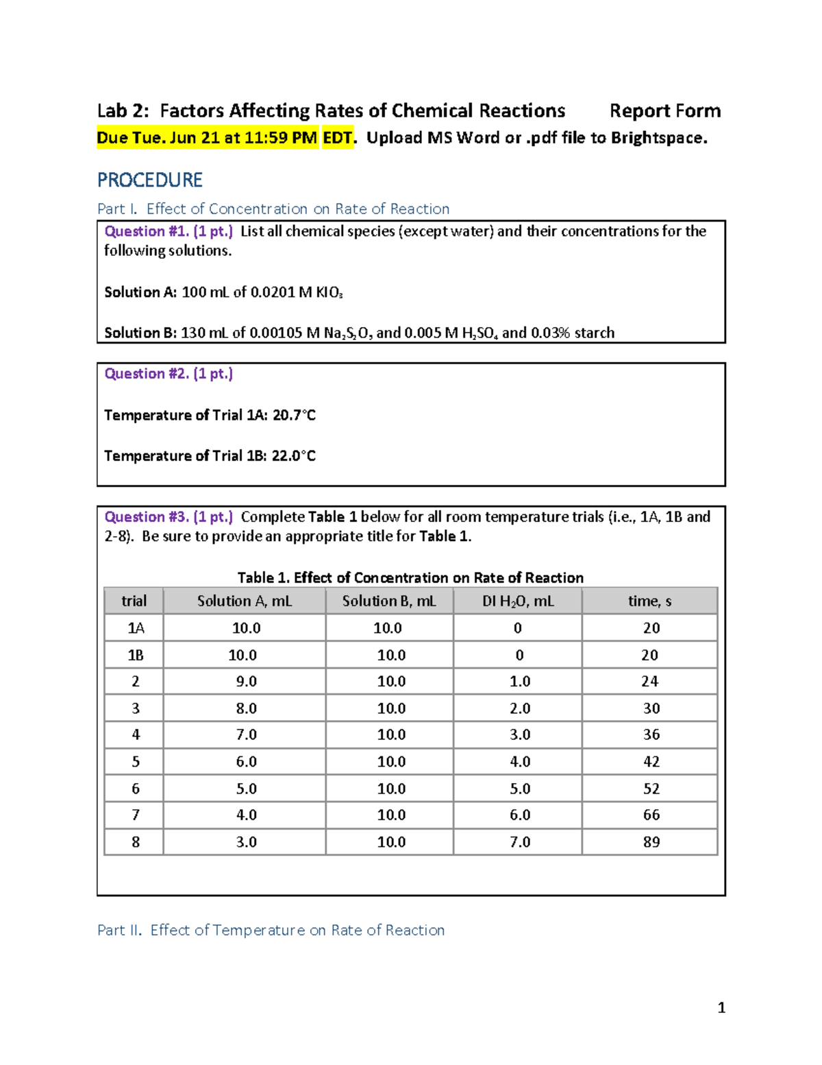 Lab 2 - Factors Affecting Rates of Chemical Reactions- Zuleny Calderon ...
