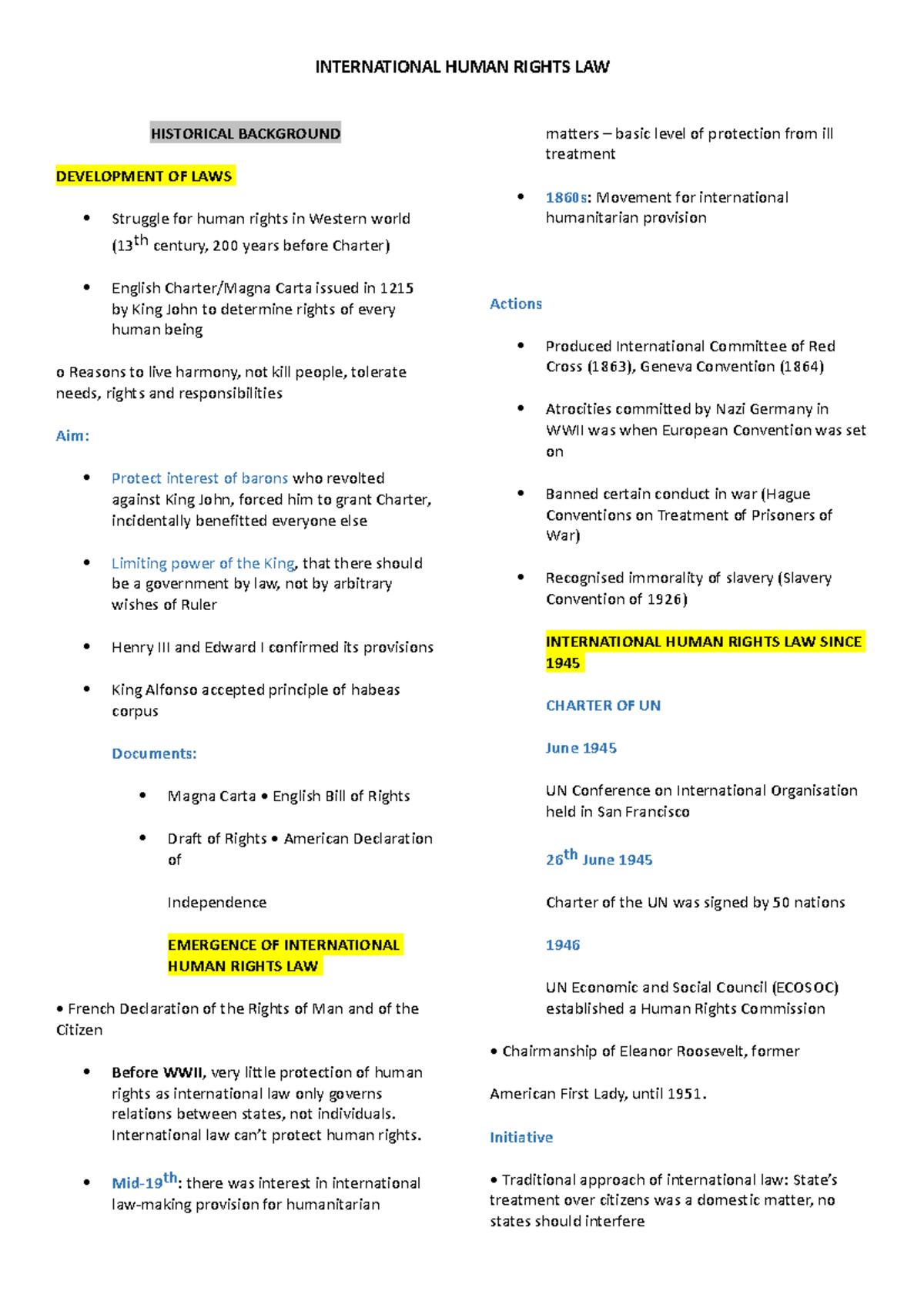 IHRL Notes - HISTORICAL BACKGROUND DEVELOPMENT OF LAWS Struggle for ...