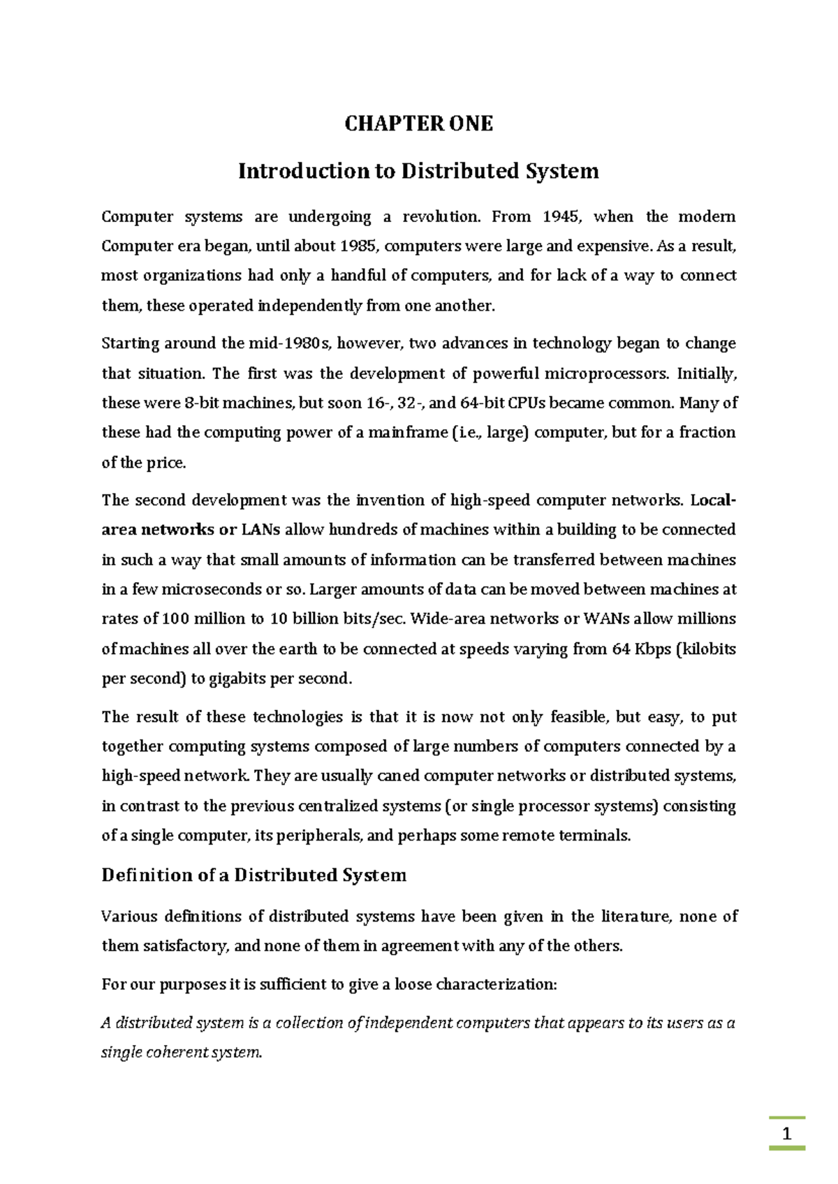 Intro to Distributed Systems - CH1 - CHAPTER ONE Introduction to Distributed System Computer ...