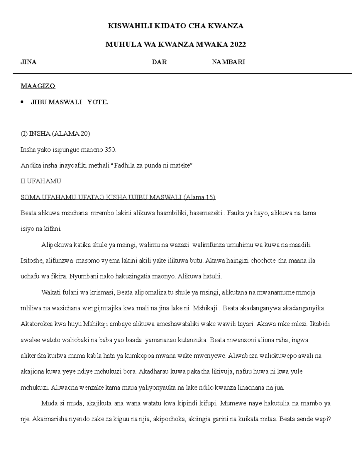 Kiswahili-FORM-ONE-TERM-ONE-2022-END-TERM-1- Teacher.CO .KE - KISWAHILI ...