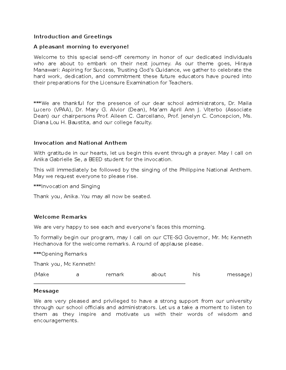 Send-off ceremony for let takers script - Introduction and Greetings A ...