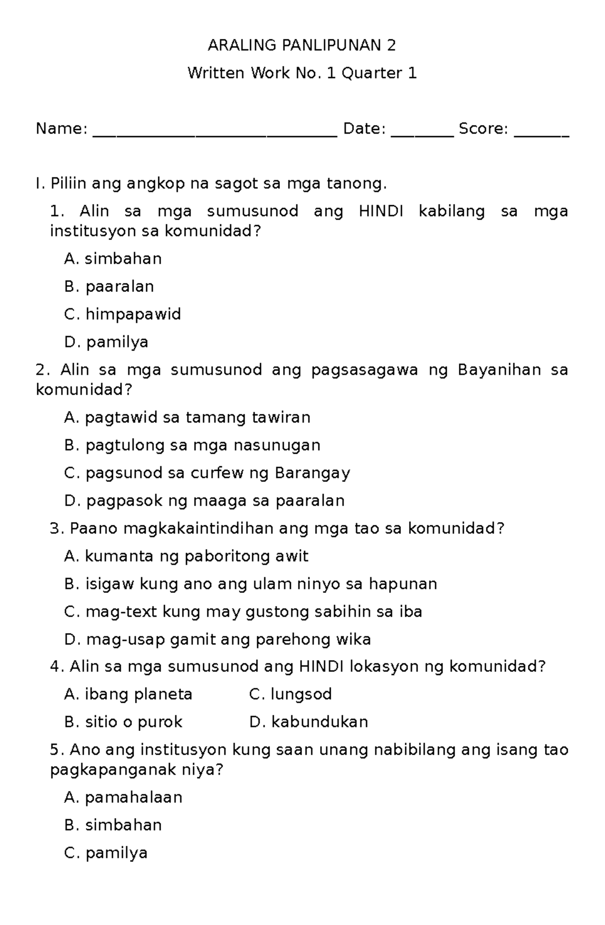 ST AP 2 NO - Teaching Materials - ARALING PANLIPUNAN 2 Written Work No ...