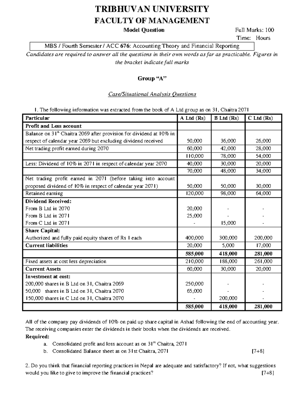 MBS 4th Sem Account Model Questions - TRIBHUVAN UNIVERSITY FACULTY OF ...