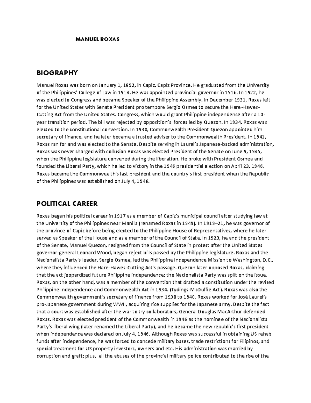 Manuel Roxas life - BIOGRAPHY Manuel Roxas was born on January 1, 1892 ...