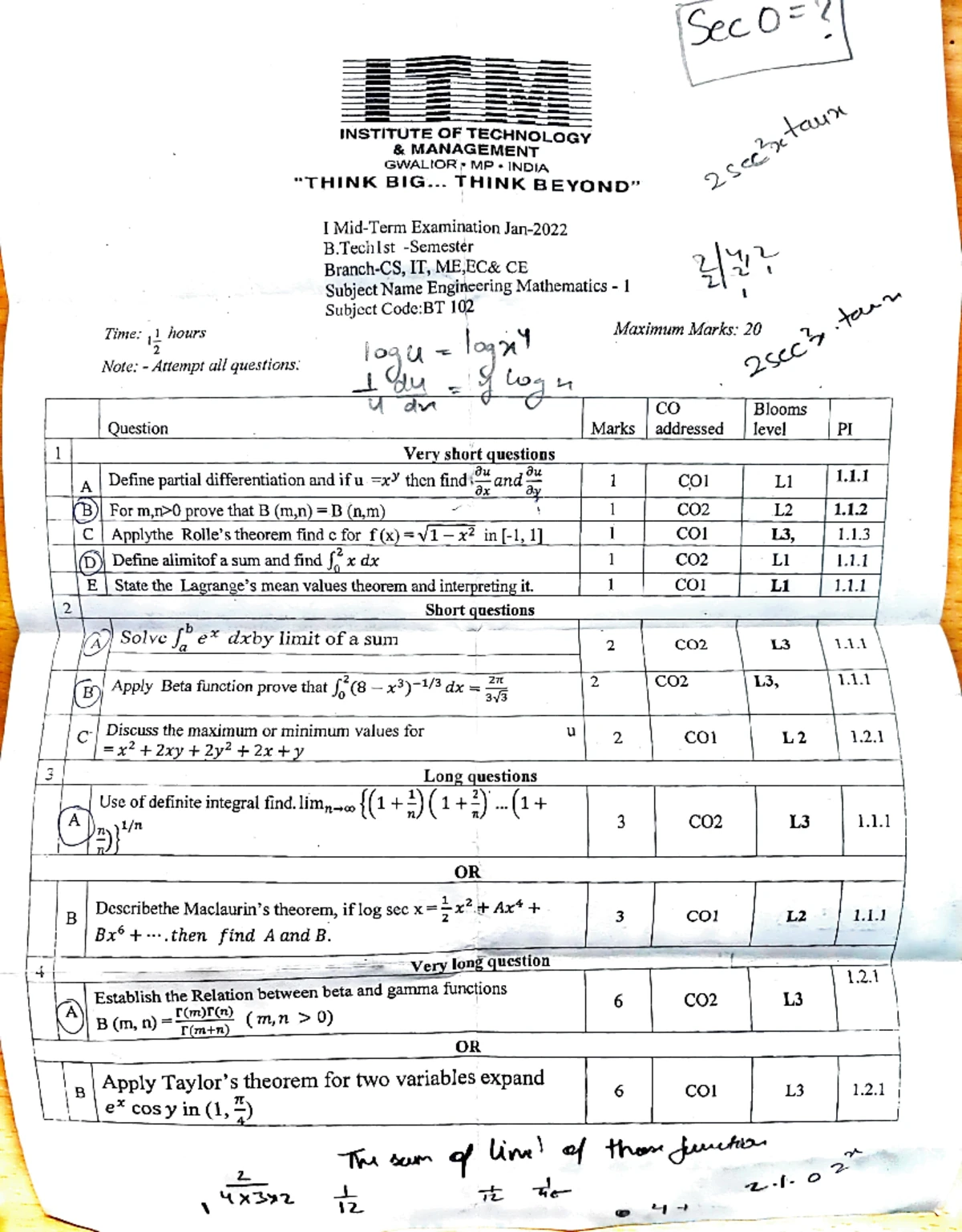 ITM Gwalior Mid Term 1 BT-201 Question Paper January 2022 - 1 2 3 D ...
