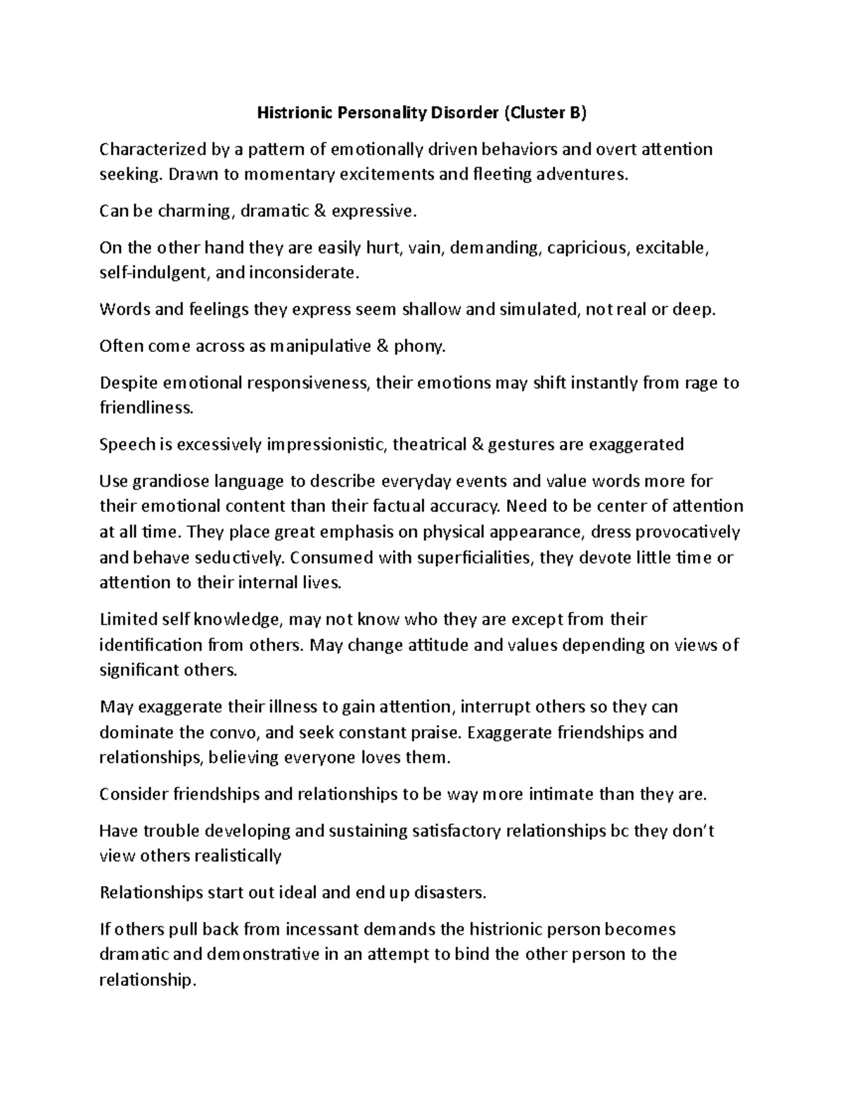 Histrionic pd - Histrionic Personality Disorder (Cluster B ...